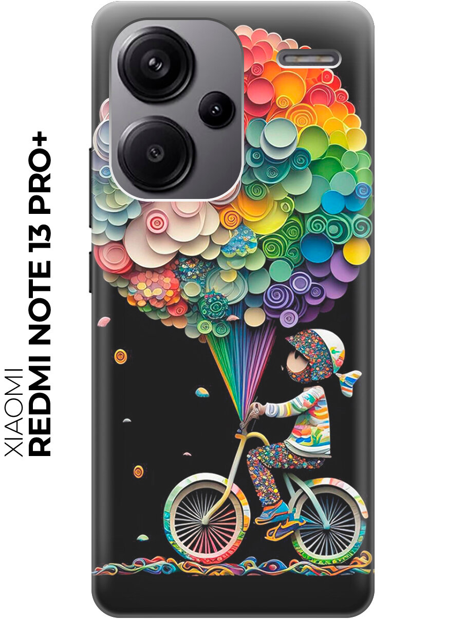 Силиконовый чехол на Xiaomi Redmi Note 13 Pro + / Сяоми Редми Ноут 13 Про + с рисунком "Велосипедист и шарики" Soft Touch черный
