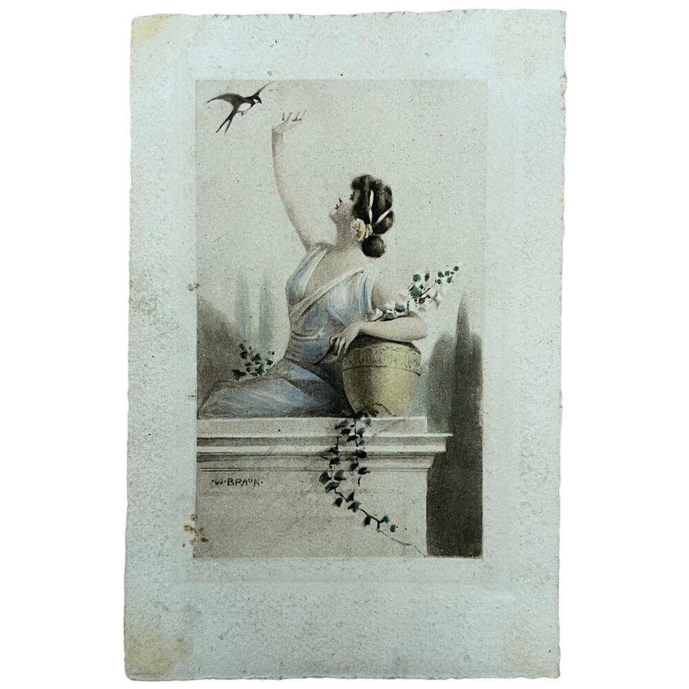 Почтовая открытка "Девушка и ласточка" 1900-1930 гг. Европа