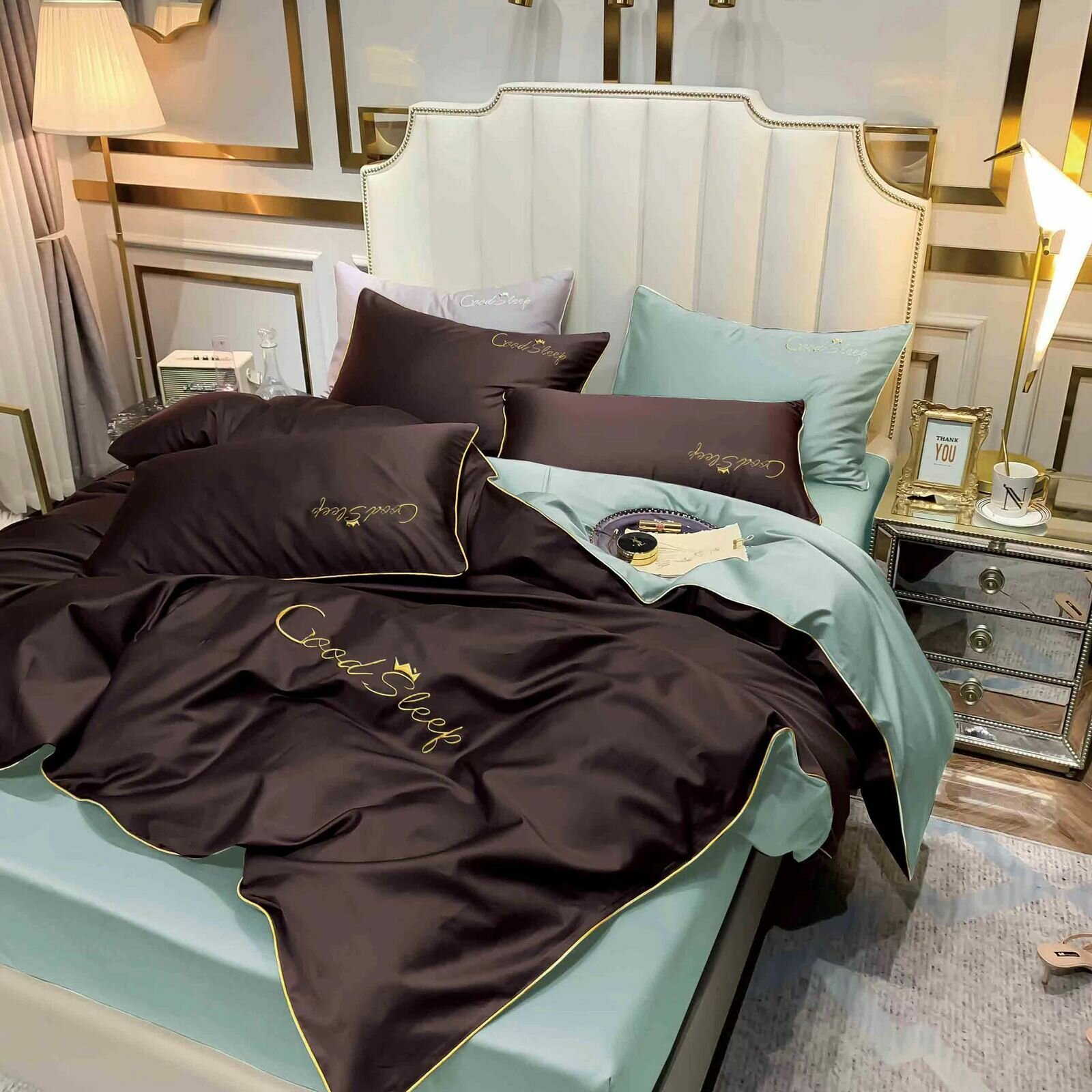 Комплект постельного белья Good Sleep, Сатин, Жатка, Семейный черно-зеленый