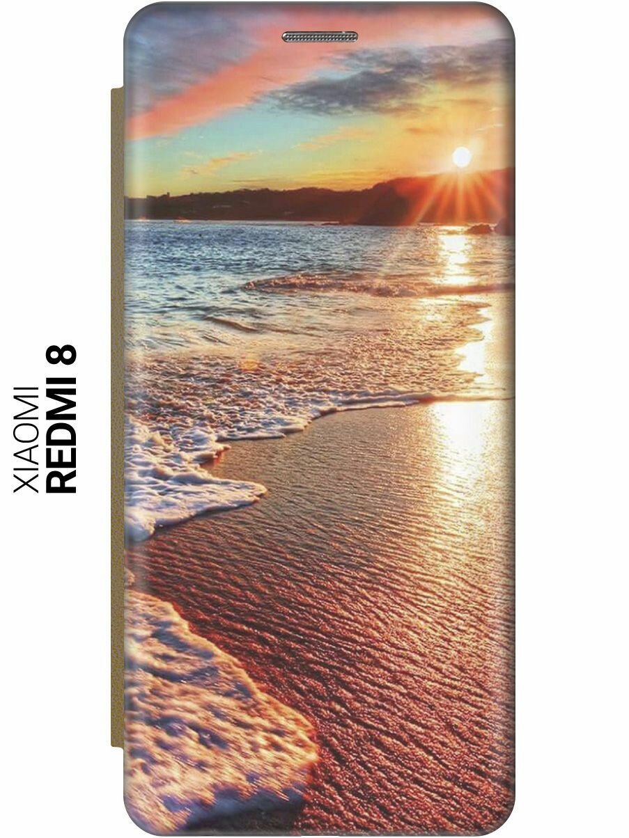 Чехол-книжка на Xiaomi Redmi 8, Сяоми Редми 8 с 3D принтом "Залитый светом пляж" золотой