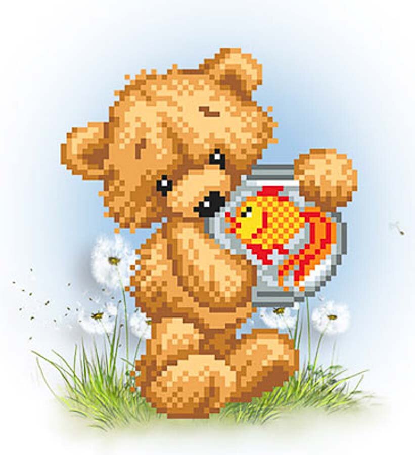 Канва/ткань с рисунком Матренин посад для вышивания бисером 22 см х 25 см 4133 "Мишка Рыбы"