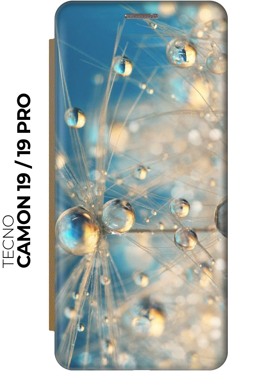 Чехол-книжка на Tecno Camon 19 / 19 Pro / Техно Камон 19 / 19 Про с рисунком "Одуванчик в капельках" золотой