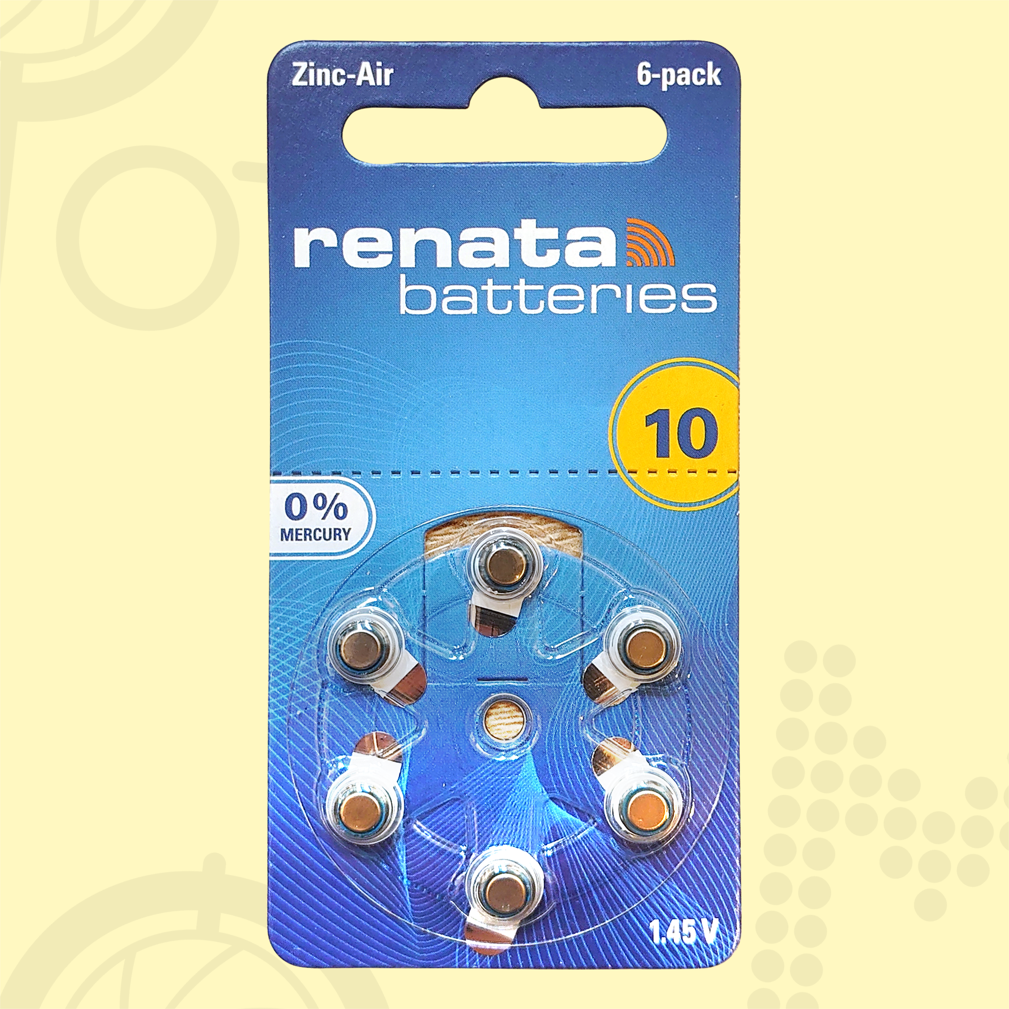 Renata 10 (ZA10/Жёлтый) | 1,45 вольт Воздушно-цинковая батарейка для слуховых аппаратов - 6шт.