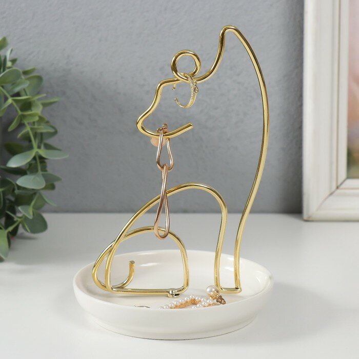 Подставка для мелочей Котик, керамика, металл, белый с золотом, 12×12×17 см