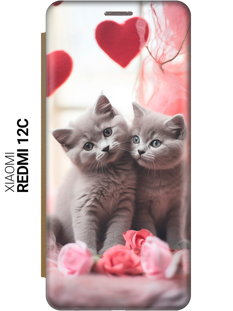 Чехол-книжка на Xiaomi Redmi 12C / Сяоми Редми 12С с рисунком "Котики и сердечки" золотой