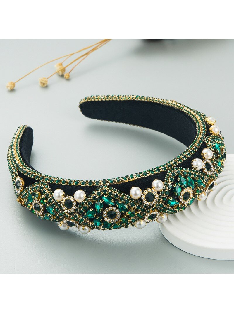Ободок для волос 008 с кристаллами и бусинами под жемчуг, зеленый