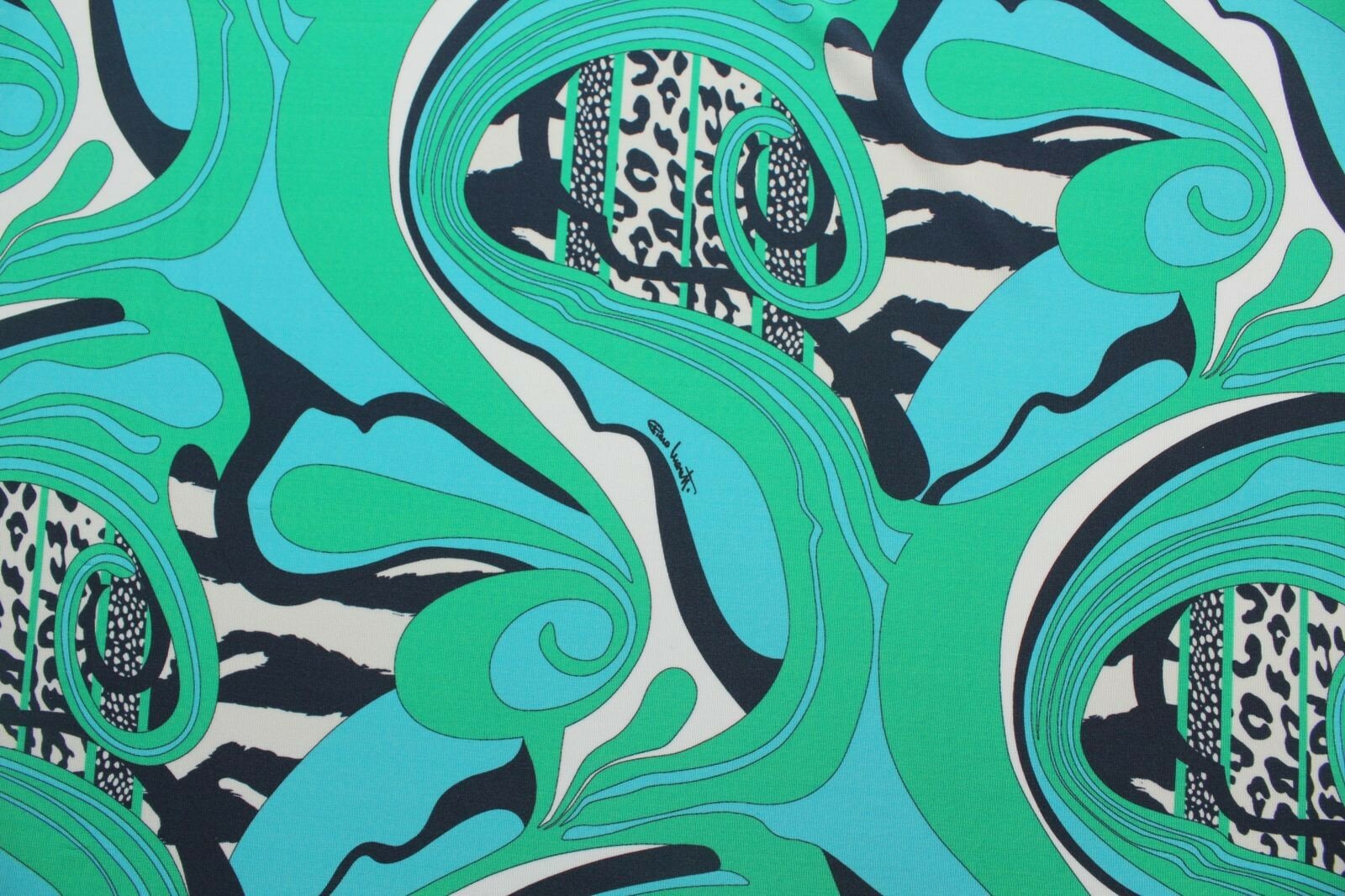 Ткань Трикотаж-стрейч «холодная вискоза» сине-голубая вязь на фоне тёмно-синих полос и пятен, ш136см, 0,5 м