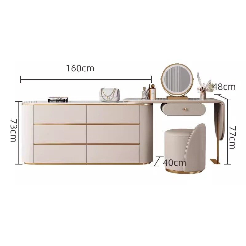 Туалетный столик с комодом 160 см Rocie (Стол с комодом / 100см / правый / с пуфом / с зеркалом)