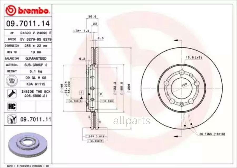 BREMBO 09701111 диск тормозной VW POLO SALOON 09 AUDI A1 (8X1 8XK) 05/1010/18 / AUDI A1 SPORTBACK (8XA 8XF) 09/1