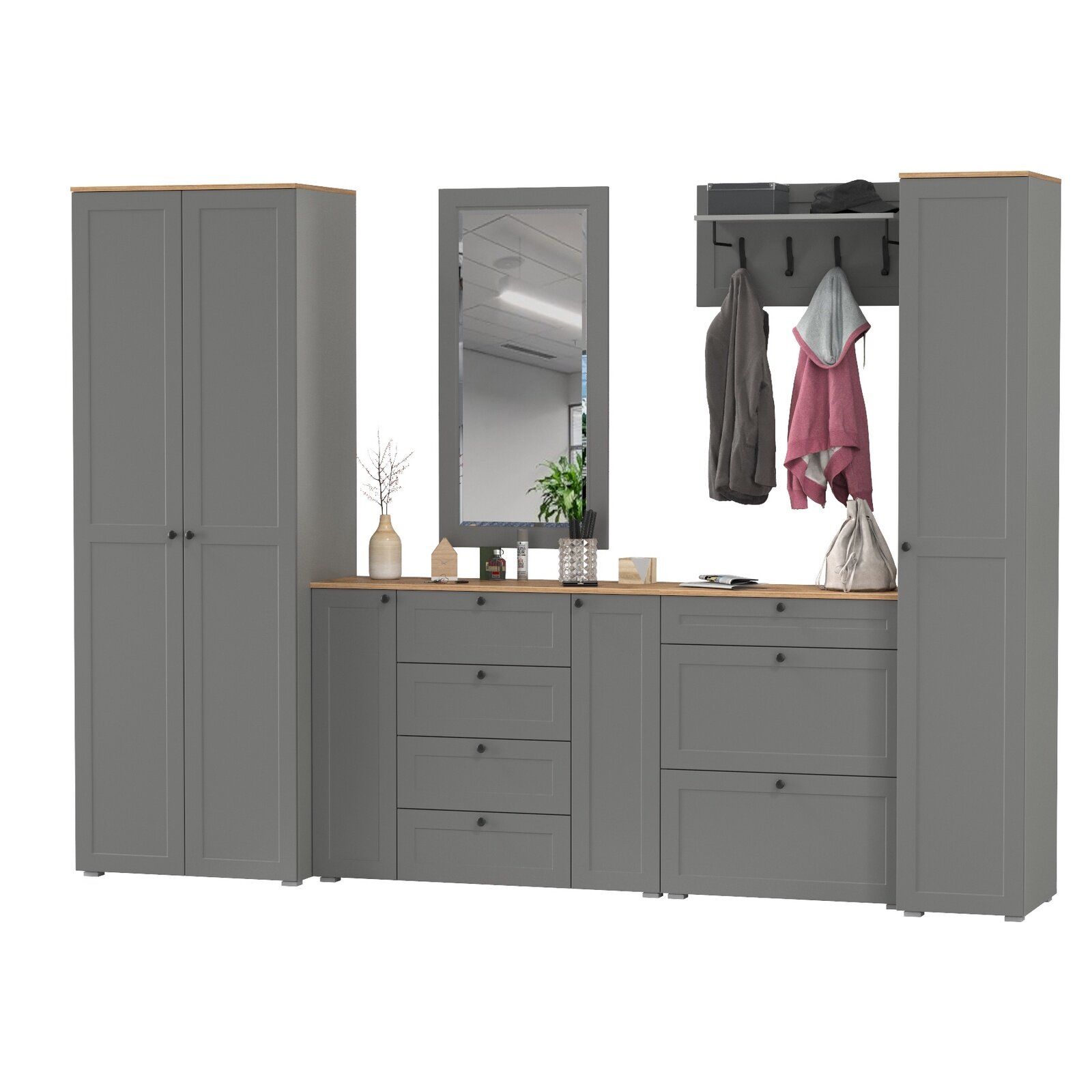 Мебельная стенка для прихожей Остин № 61 цвет серый графит/дуб крафт золотой