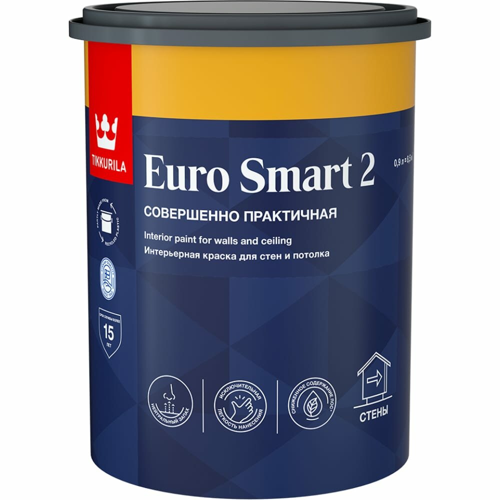 Интерьерная краска Tikkurila EURO SMART 2 база A глубоко матовая 0,9л, окраски стен