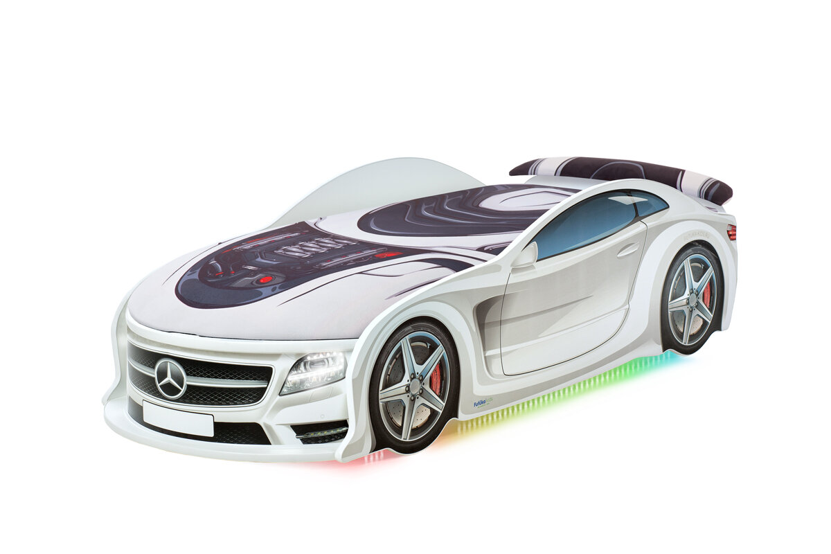 Детская кровать-машина UNO Мерседес 3D матрас, с подсветкой фар и дна, цвет белый, спойлер