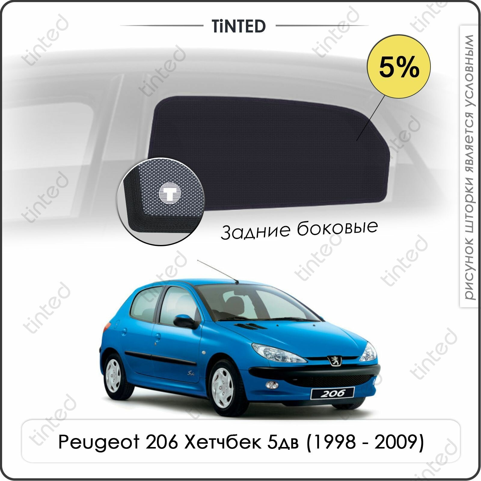 Шторки на автомобиль солнцезащитные Peugeot 206 Хетчбек 5дв. (1998 - 2009) на задние двери 5%, сетки от солнца в машину пежо 206, Каркасные автошторки Premium