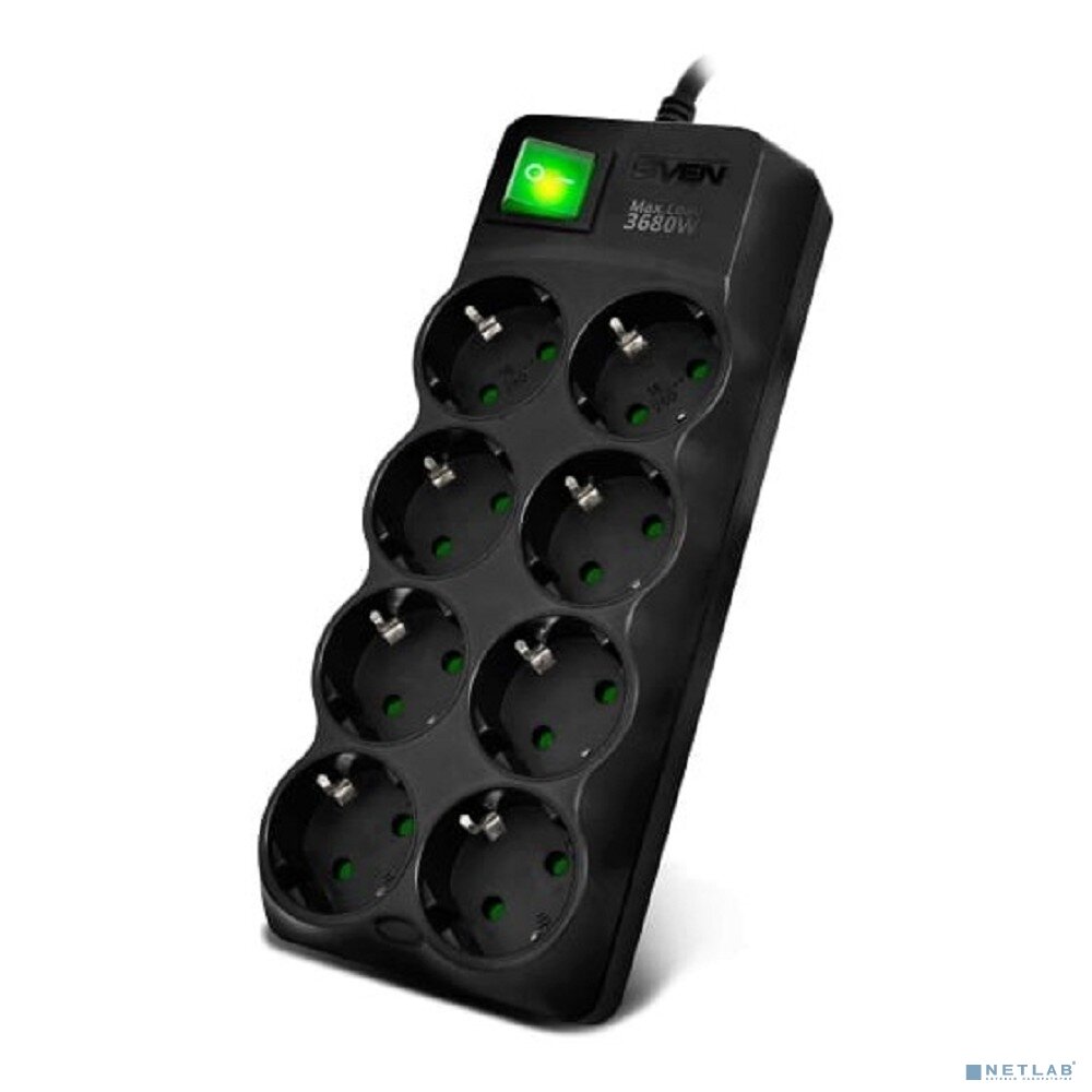 SVEN Фильтр SF-08E-16 5,0 м (8 розеток с защитными шторками,16А) черный, цветная коробка [SV-021726]