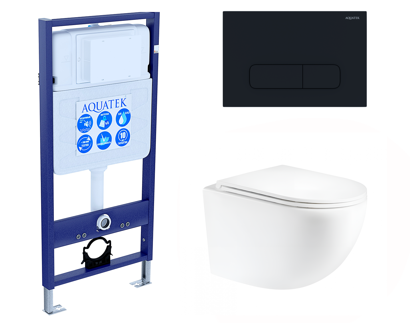 Комплект 3 в 1 инсталляция Акватек Standart 50 + Унитаз подвесной Enio Unico Tornado EN2105073 с кнопкой черной INS-0000012 + EN2105073 + KDI-0000017