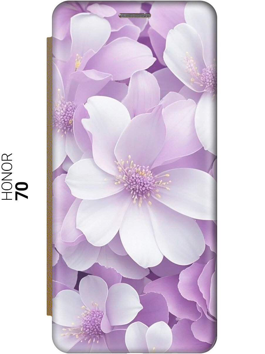 Чехол-книжка на Honor 70 / Хонор 70 с рисунком "Бело-фиолетовые цветы" золотой
