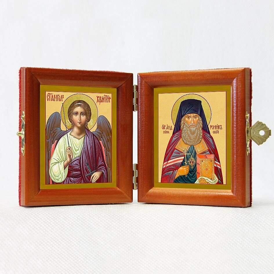 Складень именной "Священномученик Андроник (Никольский), архиепископ Пермский - Ангел Хранитель", из двух икон 8*9,5 см