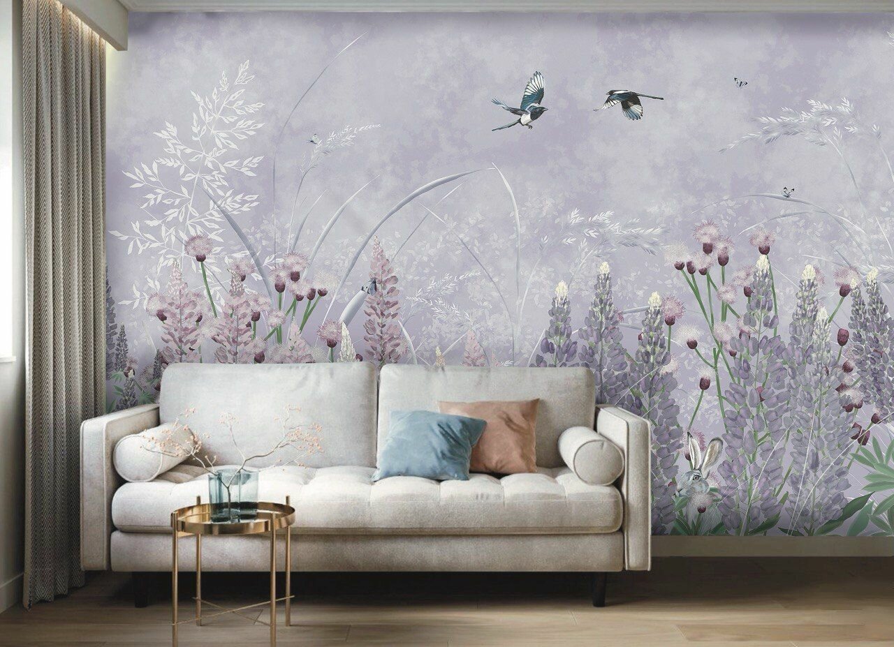 Обои бесшовные "Акварельные люпины" сиреневые (ширина 2750мм х длина 2500мм)