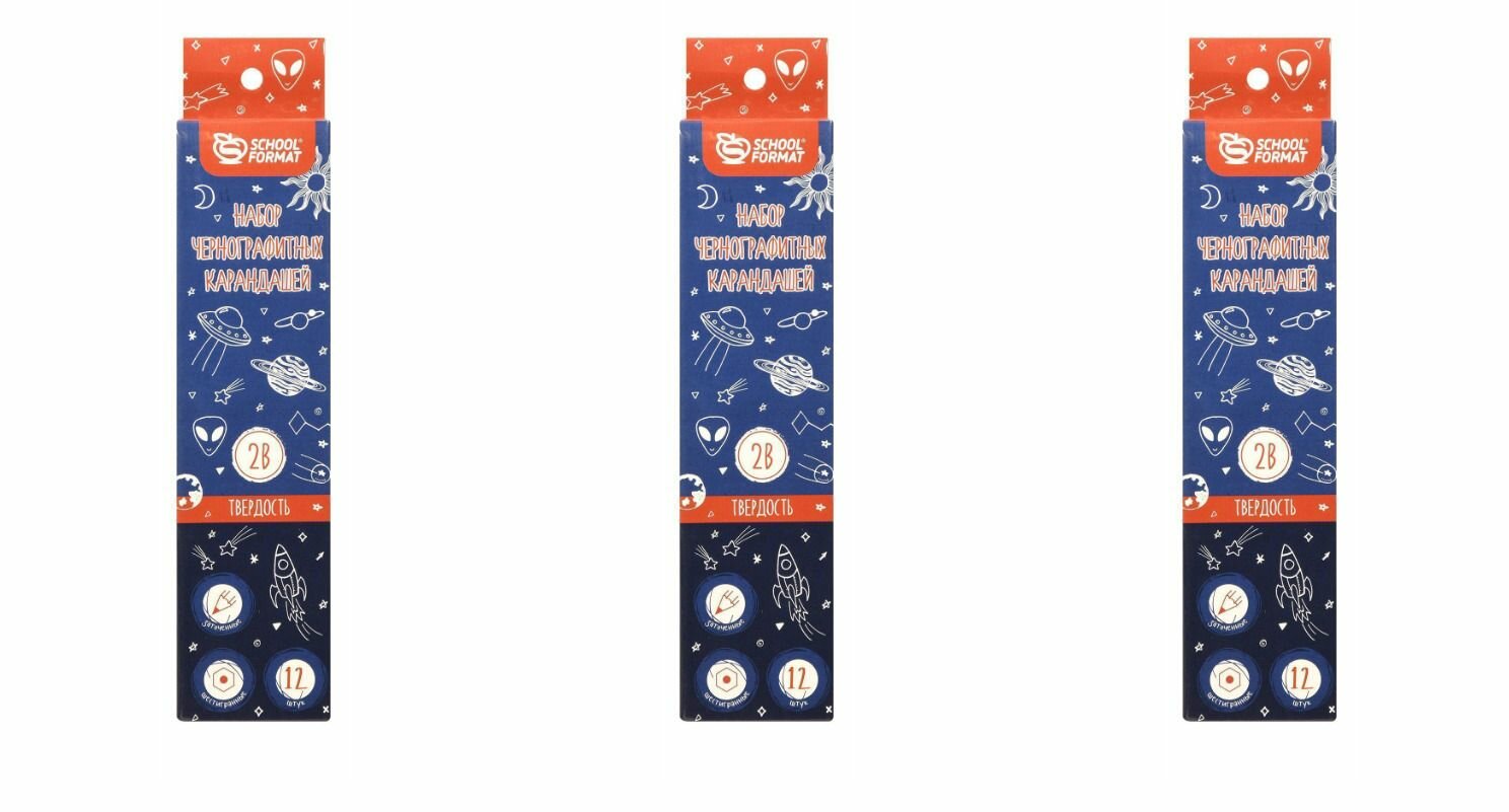 Schoolformat Набор карандашей Чернографитных, 12 шт, 2B, заточенные шестигранные, 3 уп