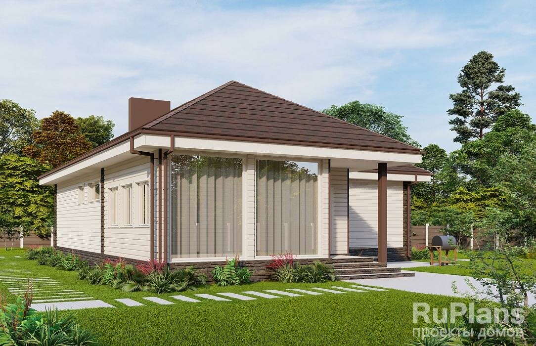 Одноэтажный дом с двумя спальнями и верандой (123 м2, 16м x 13м) Rg5907