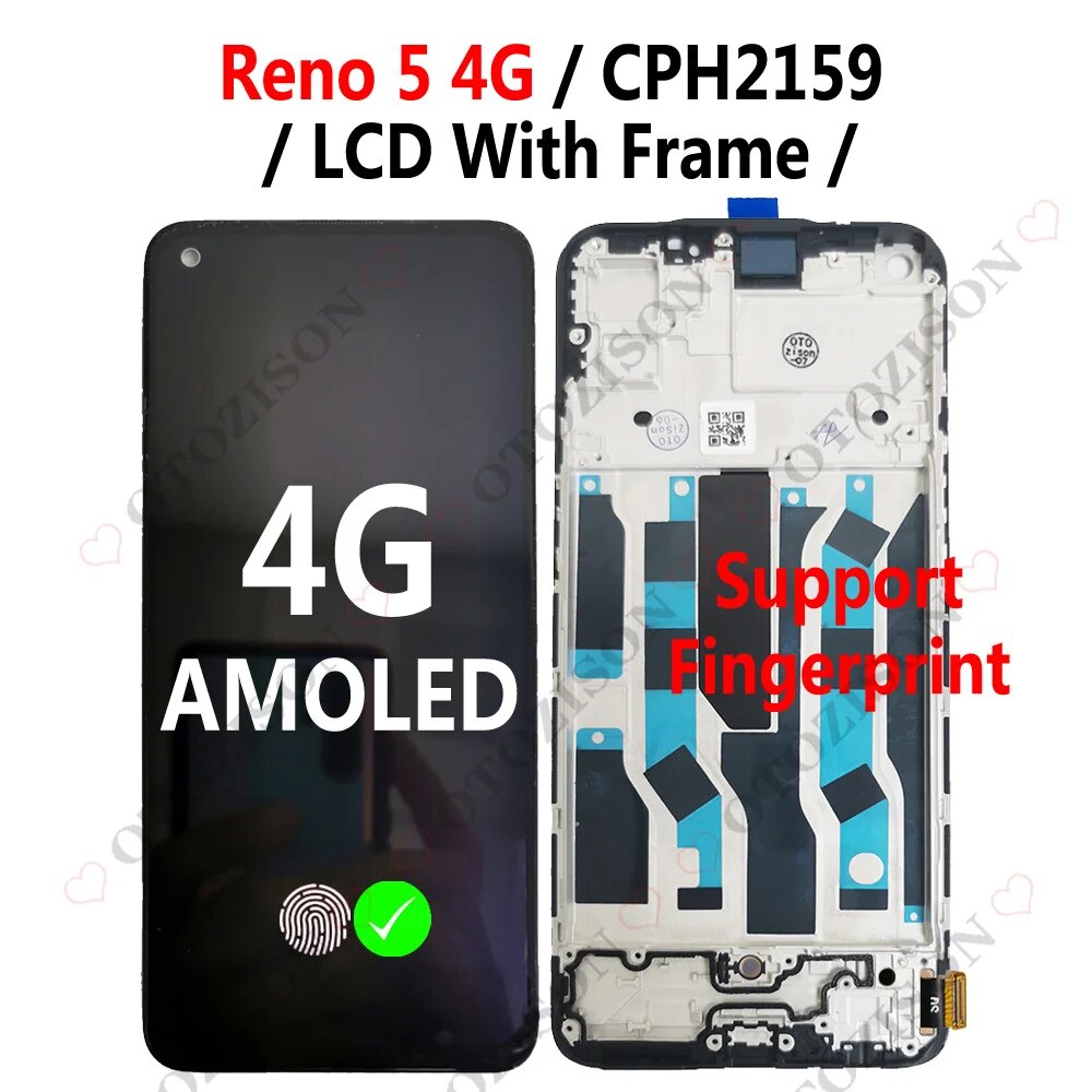 Для OPPO Reno5 5G PEGM00 PEGT00 CPH2145 LCD Reno 5 4G CPH2159 Display Screen With Frame ЖК-дисплей с рамкой 4G CPH2159 сенсорный экран дигитайзер в сборе Reno 5 PEGM00 PEGT00 Замена 4G With Frame-AMOLED