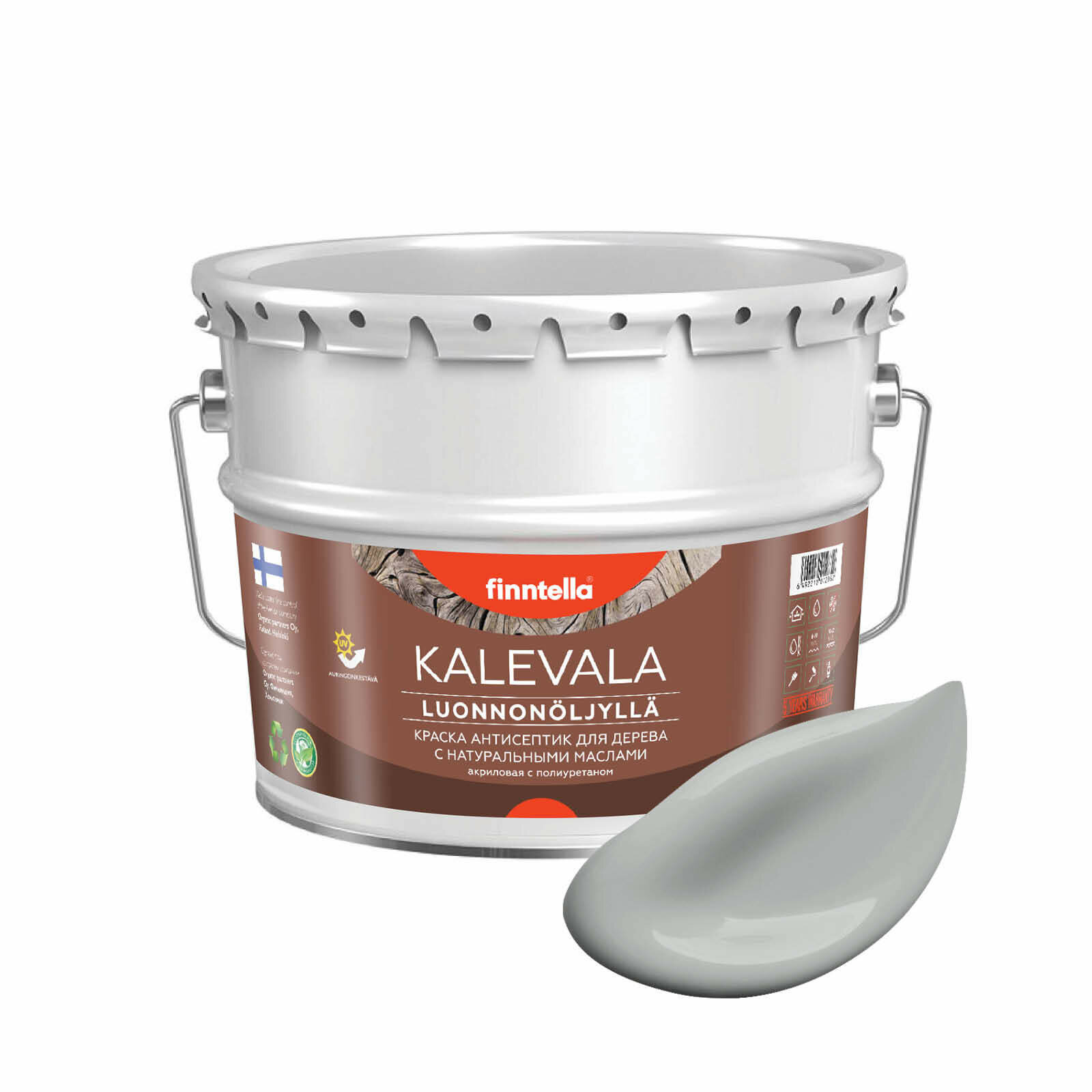 Краска для дерева и деревянных фасадов FINNTELLA KALEVALA, с натуральным маслом и полиуретаном, цвет JOKI (серый теплый) , 9л