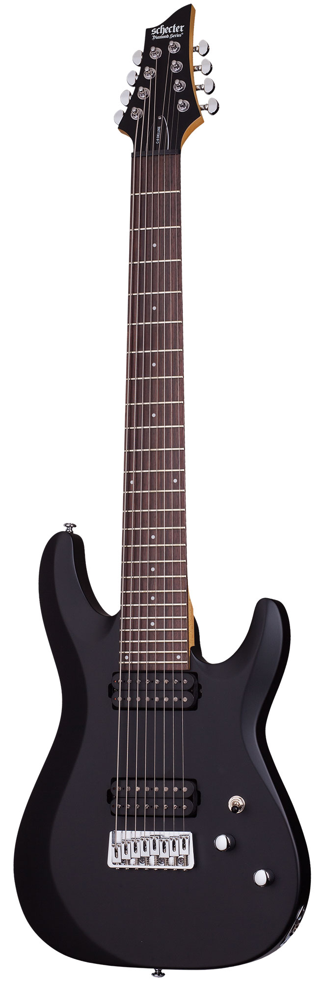 SCHECTER C-8 DELUXE SBK - электрогитара, 24 лада. Корпус: липа. Гриф: клен. Накладка грифа: палисандр. Звукосниматели: Н/Н Schecter Diamond Plus. Переключатель звукоснимателей: 3-позиционный. Регуляторы: 1V/1Т. Цвет: матовый черный