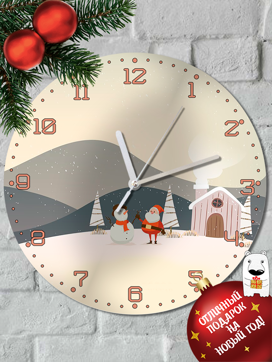 Настенные часы УФ (Новогодний подарок) "Пейзаж (Рождество, подарки, счастье, графика, Дед Мороз, снеговик) - 7067"