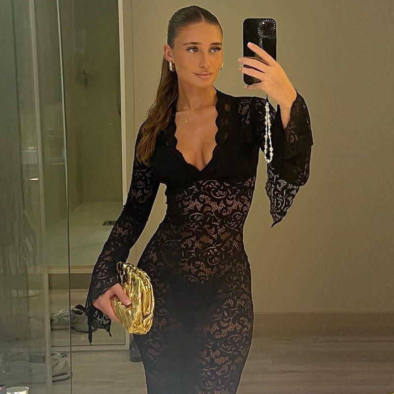 Платье Amazon, кружевное, черное, с V-вырезом, размер L