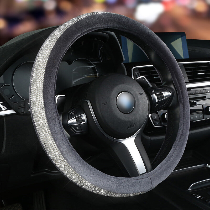 Чехол для руля Si Ran Hot Drill, искусственный плюш, бриллианты, серый