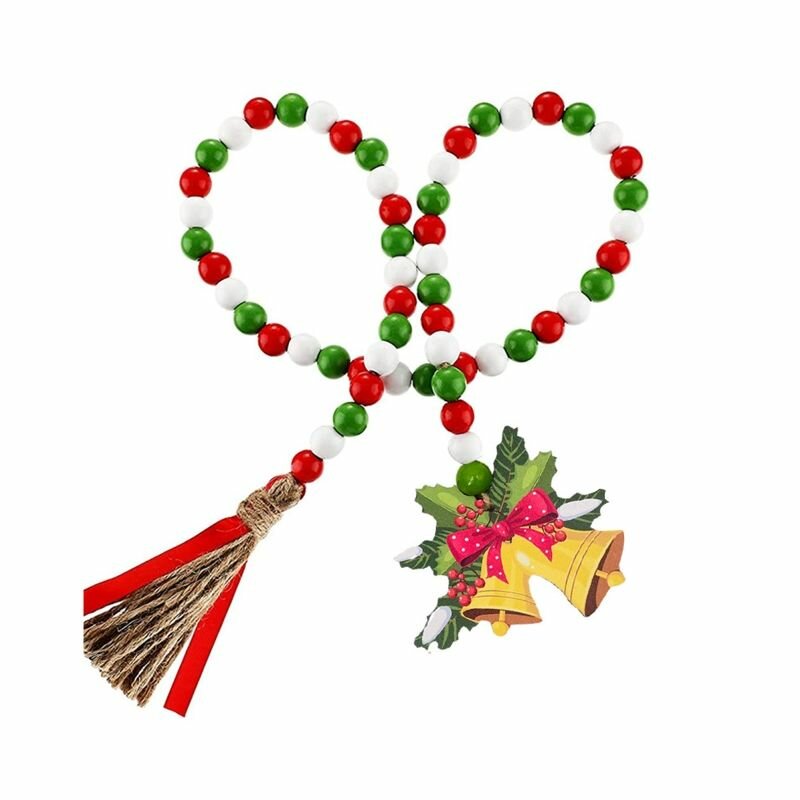 1 нитка рождественских деревянных бусин, расшитая бисером пеньковая веревка, бусины-кисточки, колокольчиков
