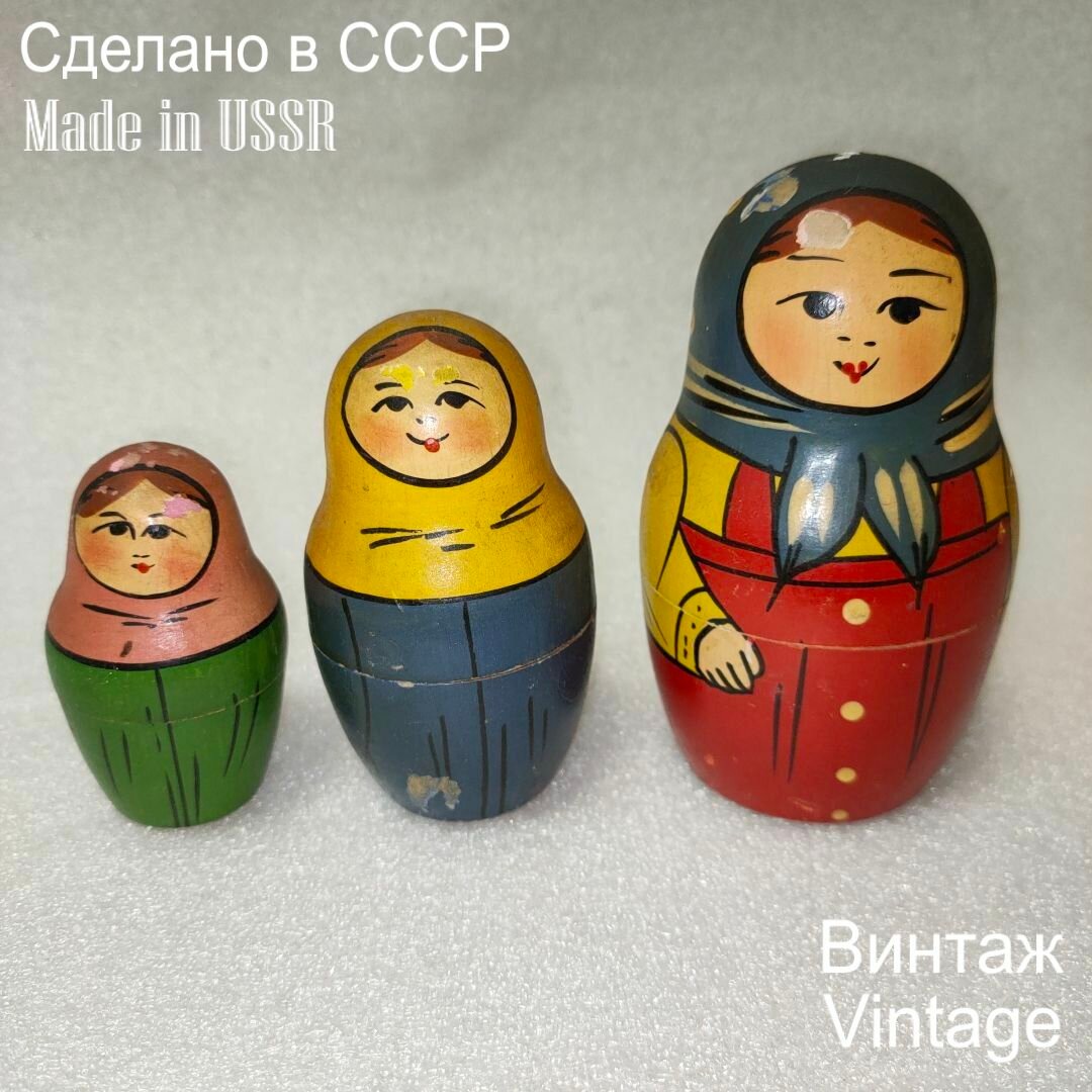 Матрешка из 3 фигурок старая. Дерево, винтаж