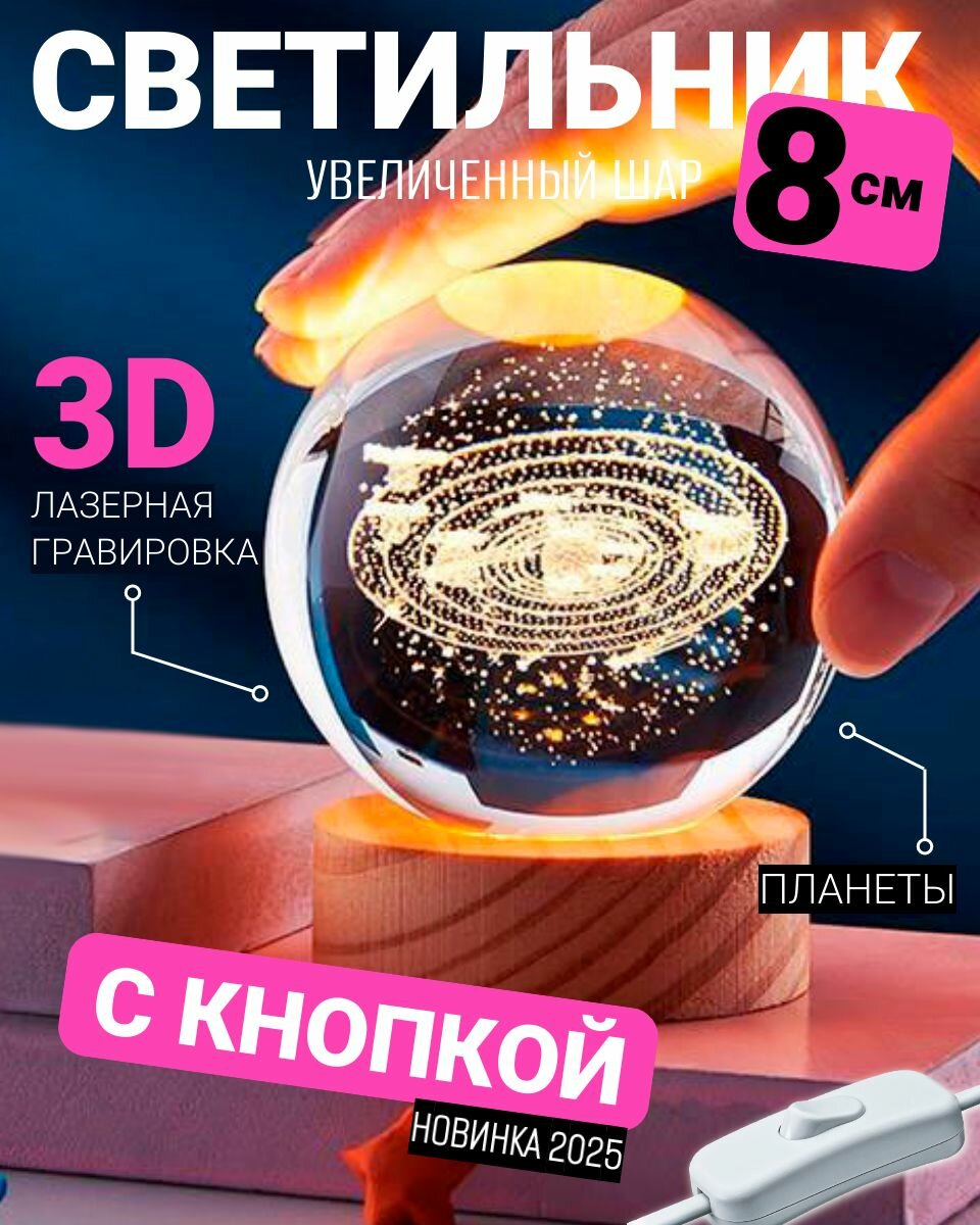 Светильник декоративный "Хрустальный шар" с подсветкой Планеты, от USB, шар 8см