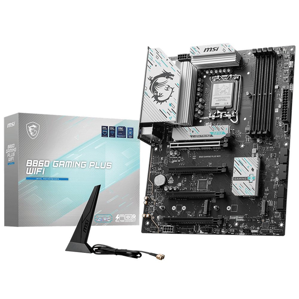 Материнская плата MSI B860 GAMING PLUS WIFI B860, LGA1851, 4*DDR5, 4*PCIEx16, 3*M.2, 1*TypeC, 2*USB3.2Gen2, 6*USB3.2Gen1, 8*USB2.0, 4*SATA3.0, 5G, Type-C(DP), DP, HDMI, ATX, RTL