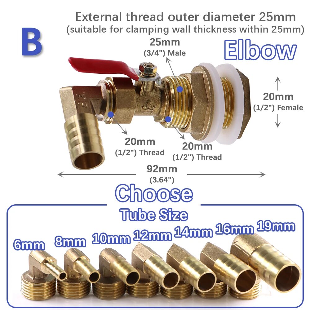 Латунный шаровой клапан MUCIAKIE для шланга 6-19 мм Elbow Type, for 14mm tube