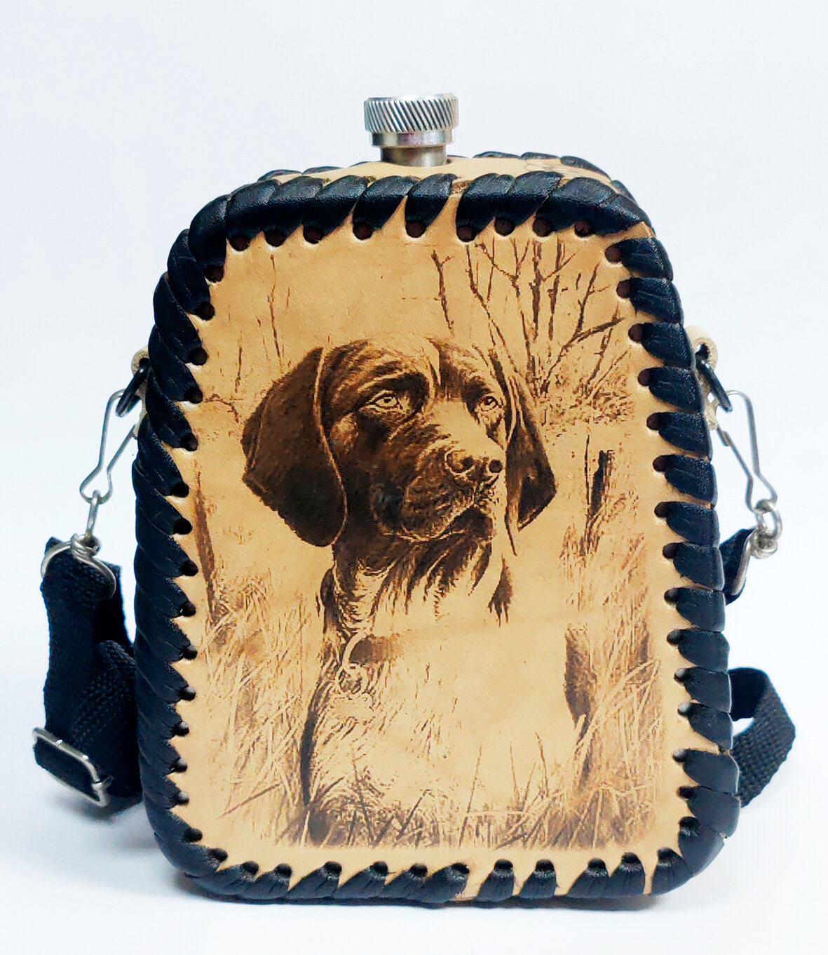 Подарочная фляга из нержавеющей стали 700 мл. в кожаном чехле "Охота-Сеттер". Ручная работа, Россия.