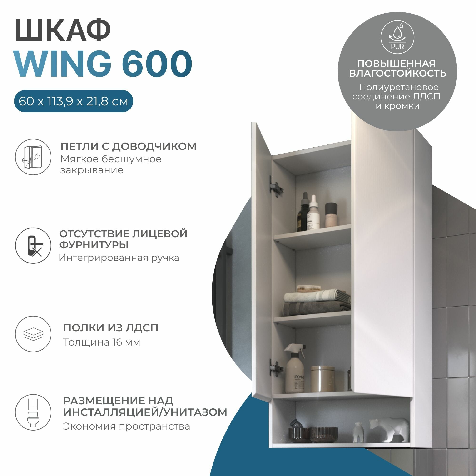 Шкаф навесной с нишей 60 см белый Wing