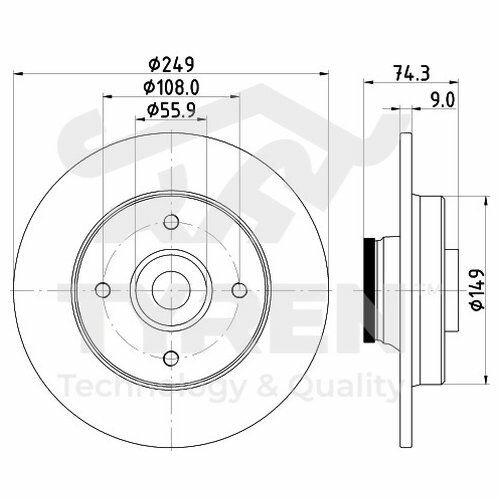 Диск тормозной с покрытием, задний, Citroen C4 II 09>; Peugeot 308 I 07> 1609249980 ; 1619238780 ; 424965 ; 424966 TYREN TYR1115381