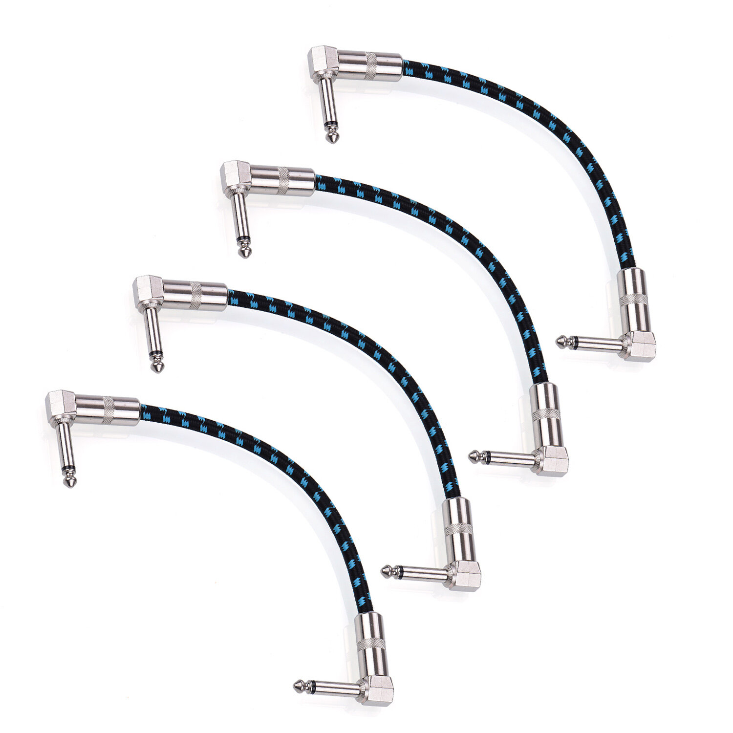 Соединительные кабели для гитарных педалей Ggiant AC-18-3, длина 6 дюймов, коаксиальный кабель, экранирование из чистой меди, угловые разъемы 1/4 дюйма, кабели для эффект-бордов, черная и синяя твидовая оболочка, комплект из 4 штук.