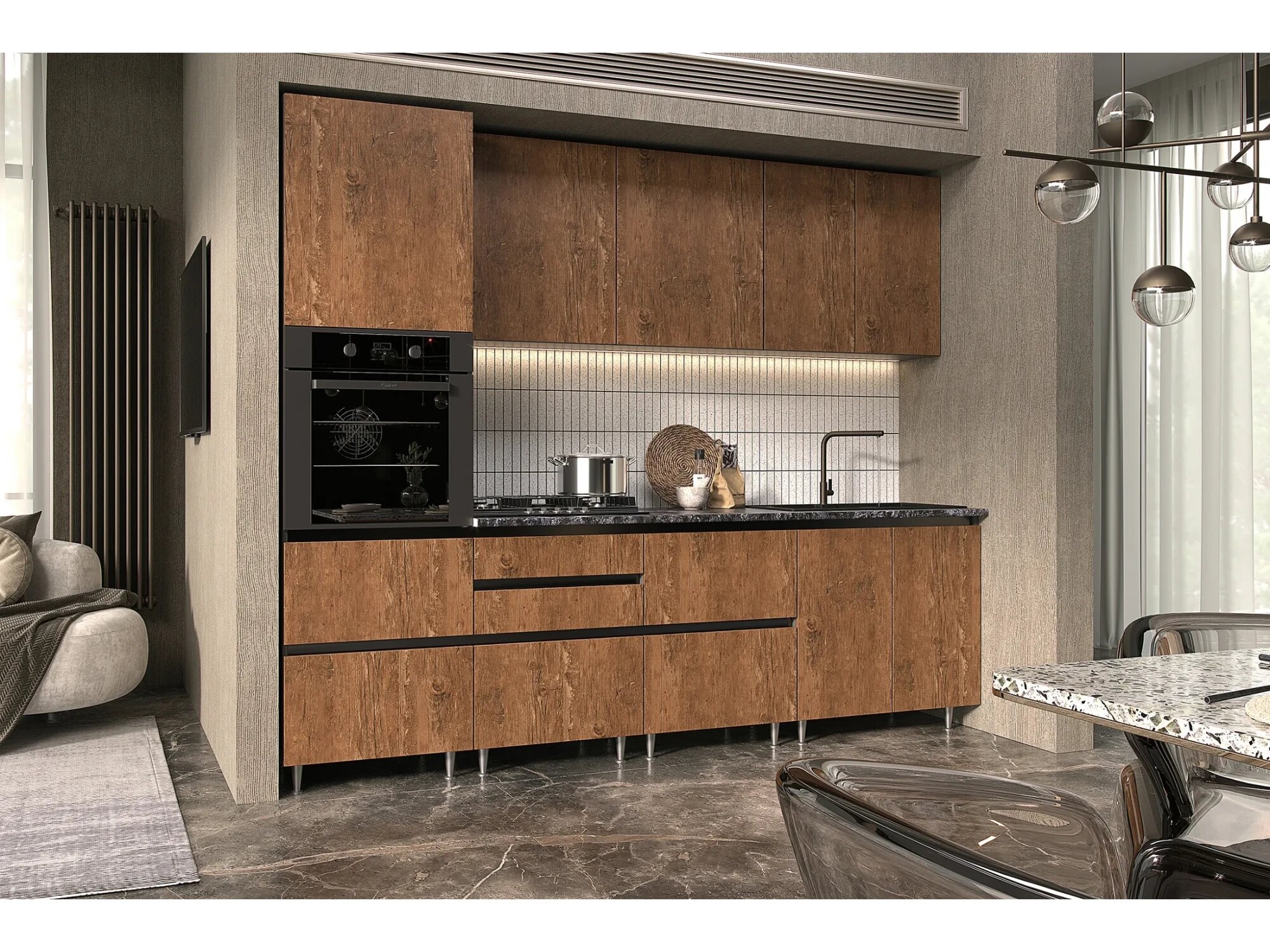 Современный прямой кухонный гарнитур МДМ 2,6м Графит/Экзотическое дерево Амазония МДФ