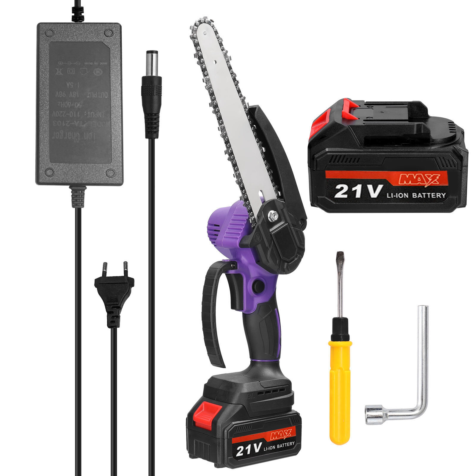 21 В, 8 дюймов, портативная электрическая пила для обрезки деревьев, небольшая цепная пила для колки древесины, бесщеточный двигатель, одноручный инструмент для работы по дереву в саду или фруктовом саду.