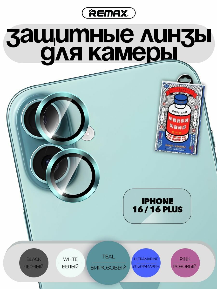 Линзы для камеры iPhone 16 / 16 Plus (для цвета бирюзовый/teal), REMAX GL-27, зеленые линзы