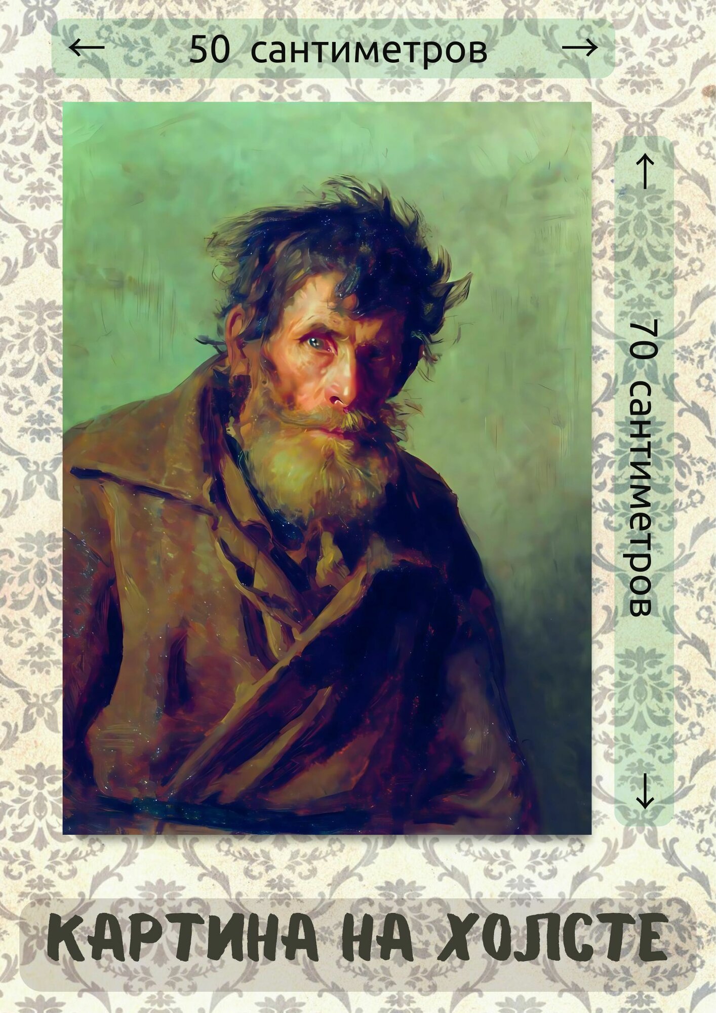 Илья Ефимович Репин "Мужичок из робких". Картина 70х50 на холсте