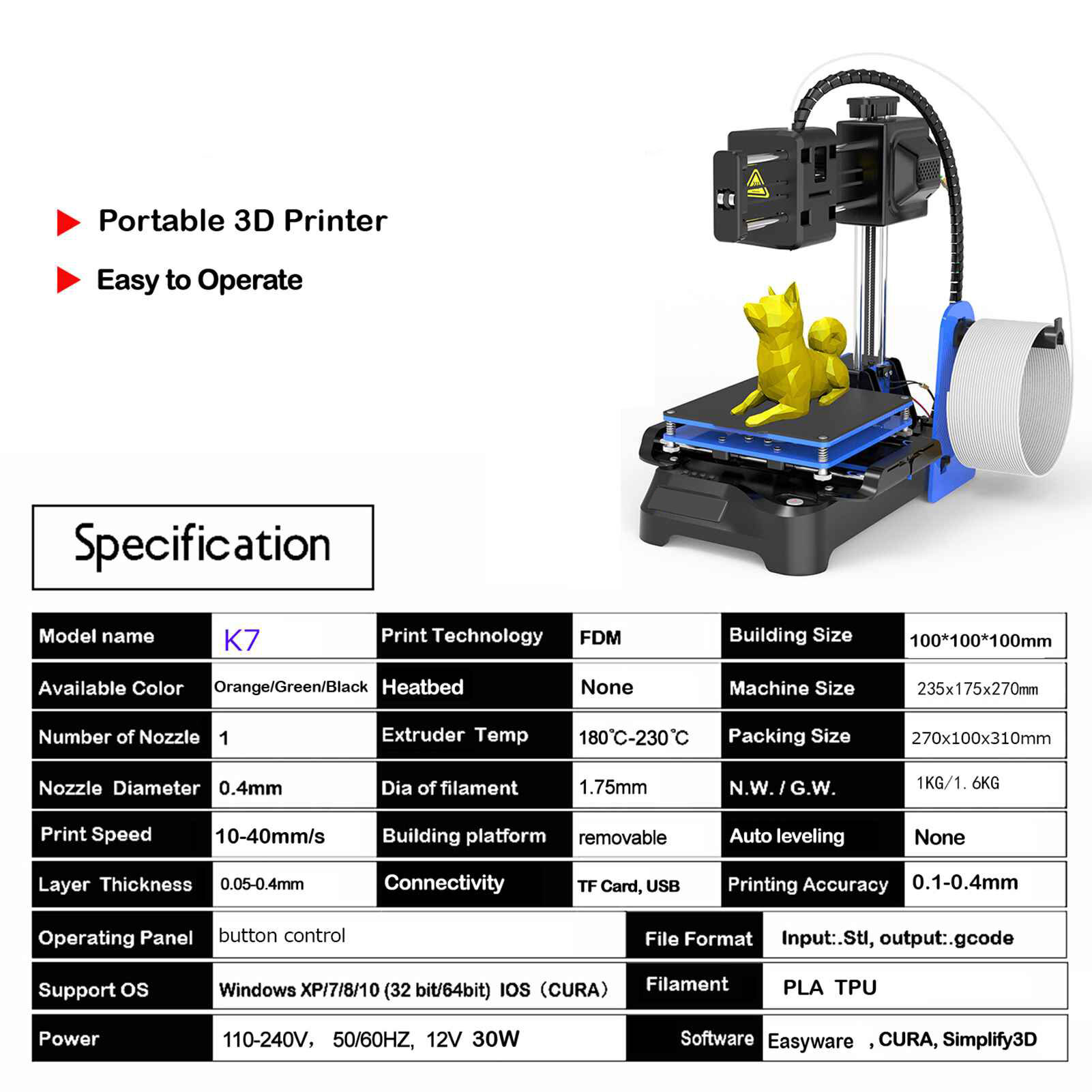 Печатная машина EasyThreed для детей, мини-настольная, размер печати 100x100x100 мм, без подогреваемой платформы, однокнопочная печать с TF-картой, образец нити PLA для начинающих, домашнее образование