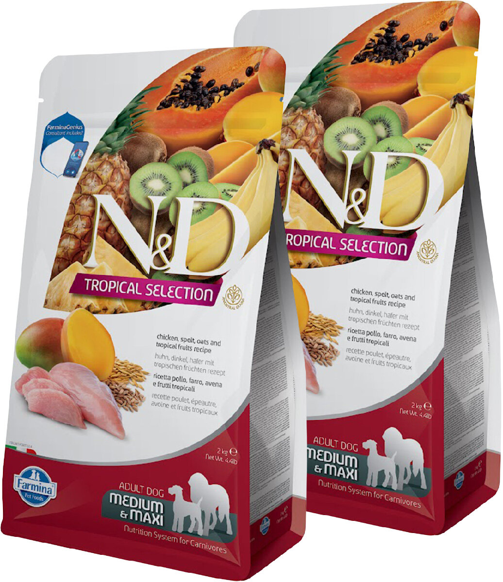 Корм сухой Farmina Dog N&D Tropical Selection Adult Medium & Maxi Chicken низкозерновой для взрослых собак средних и крупных пород, курица, спельта, овес и тропические фрукты, 2 + 2 кг