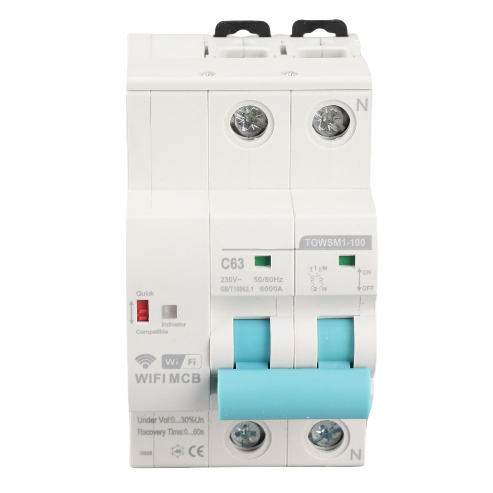 Интеллектуальный двухполюсный автоматический выключатель WiFi для монтажа на DIN-рейку, напряжение 230 В, для бытового и заводского использования, TOWSM1‑100