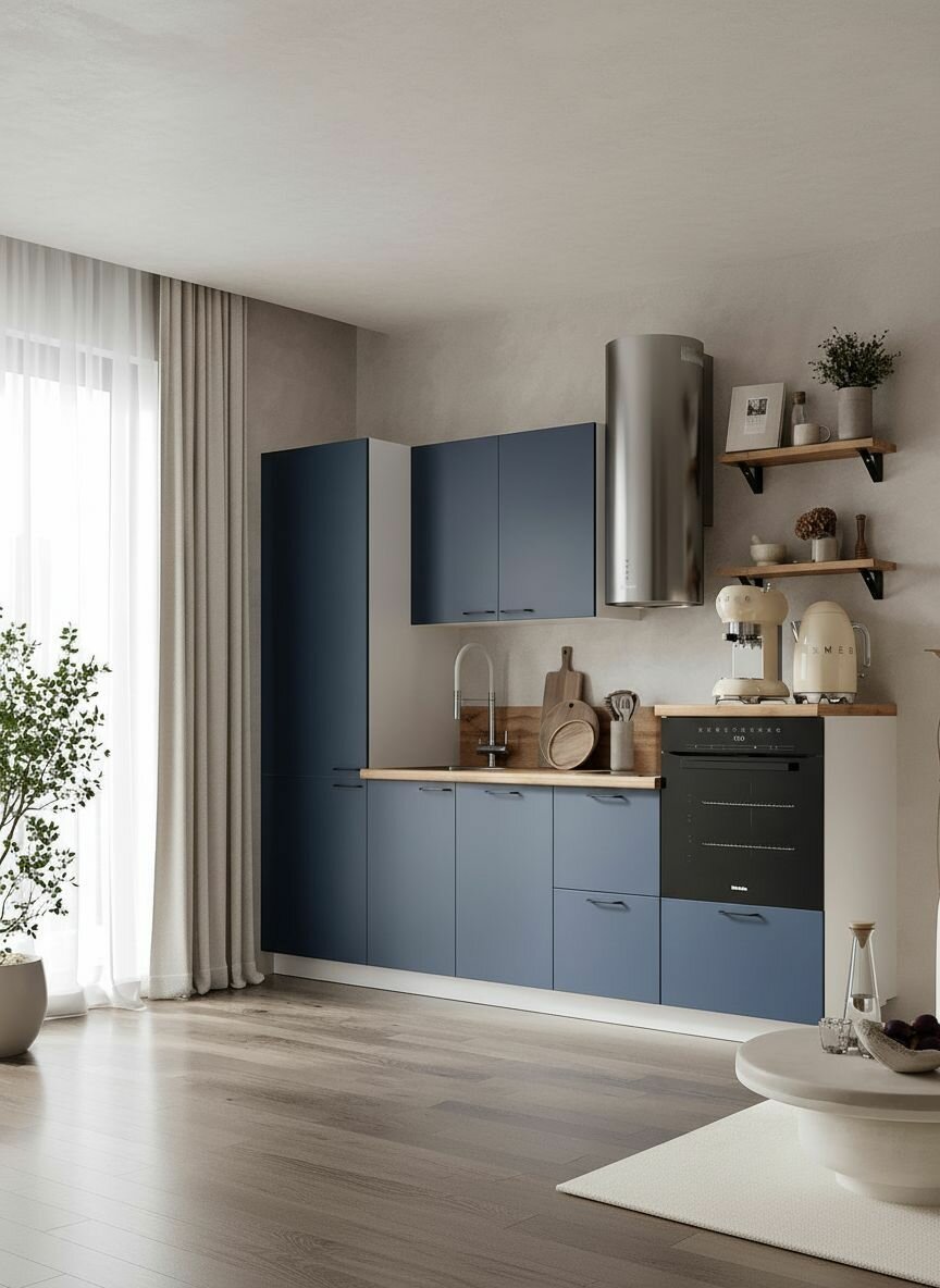 ARNIKA Кухонный гарнитур со столешницей "Дакия" 2,55м х 2,4м, цвет ежевика (синий), фасад пленка ПВХ