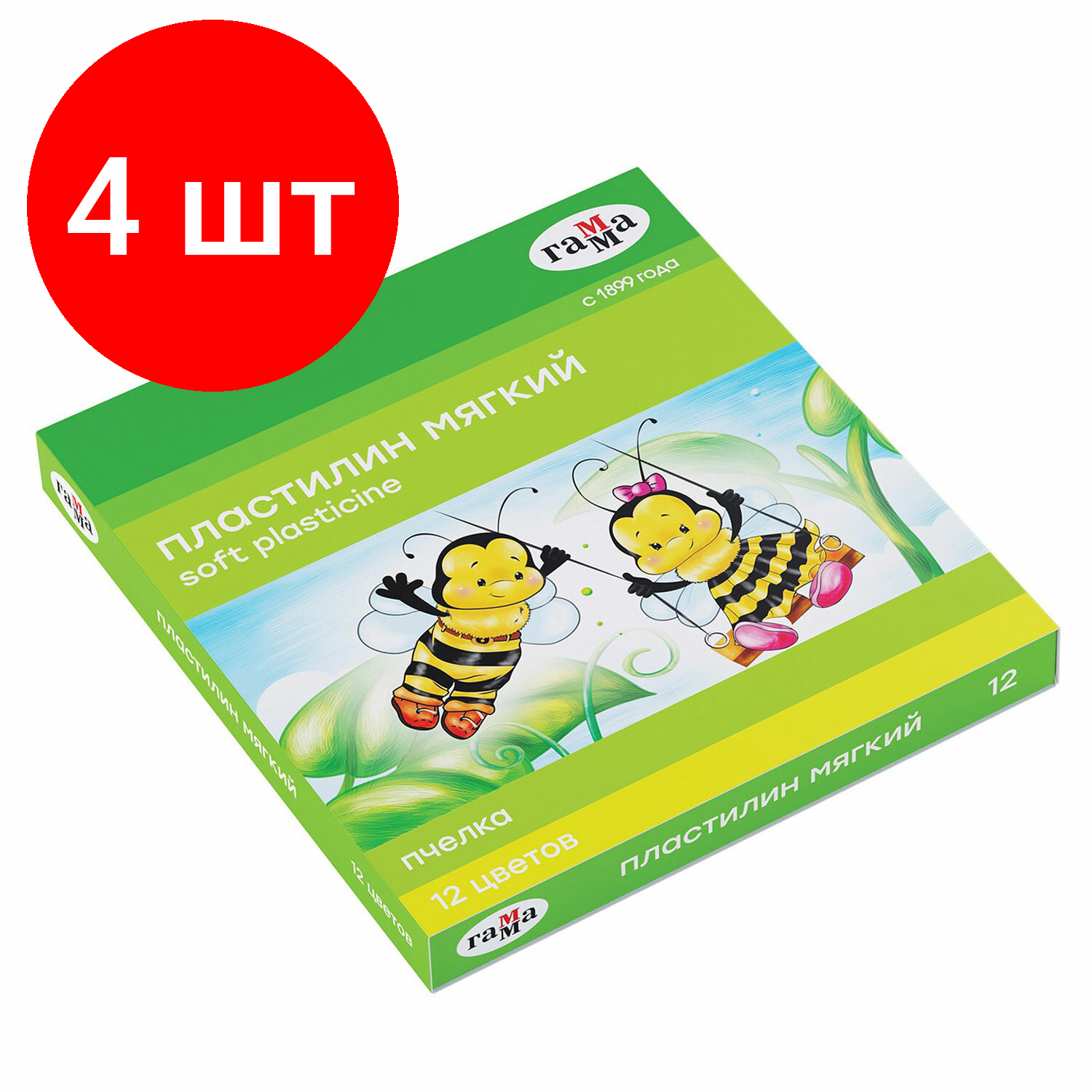 Комплект 4 шт, Пластилин восковой гамма "Пчелка", 12 цветов, 180 г, со стеком, картонная упаковка, 280032Н