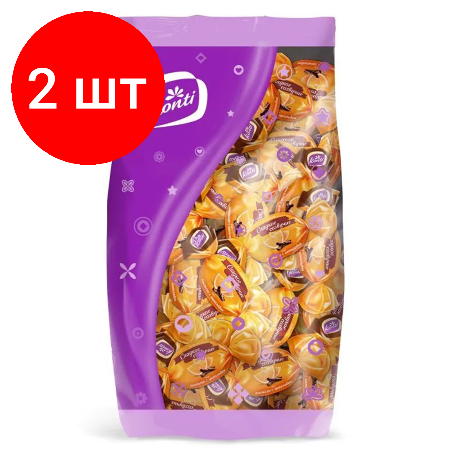 Комплект 2 шт, Конфеты шоколадные KONTI "Сладкое созвучие" со вкусом шоколада и апельсина, 1000 г, пакет, 13914