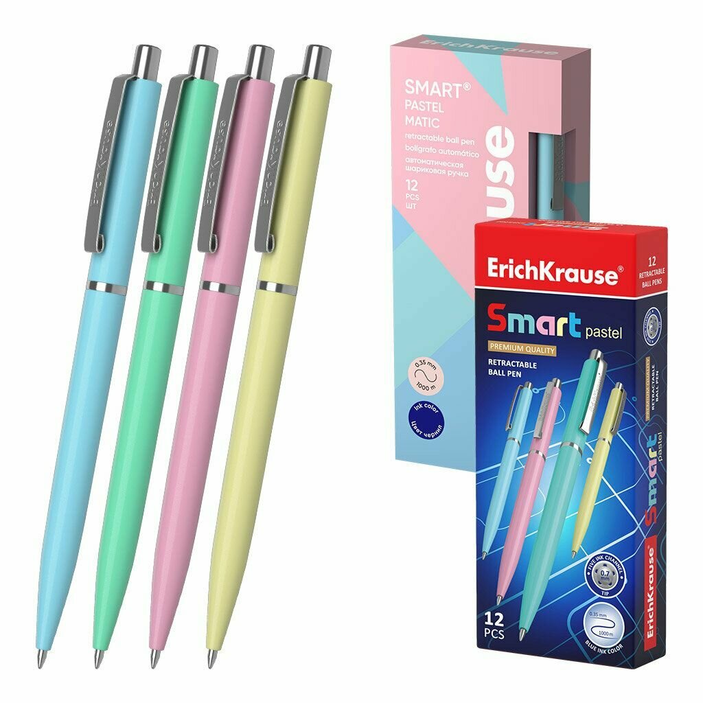 Ручка шариковая Erich Krause автоматическая, масляная, Smart Matic Pastel, синяя, 0.7 мм, Super Glide Technology (61094)